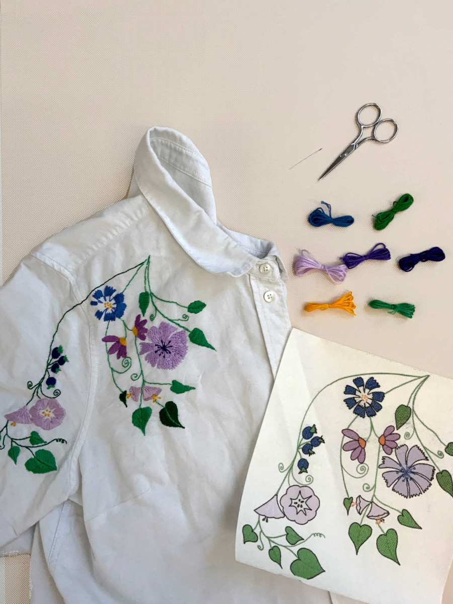 Flowers embroidery kit pattern, peel stick and stitch on your clothes